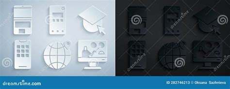 Set Location On The Globe Graduation Cap Mobile Phone Online Education And Laptop Icon