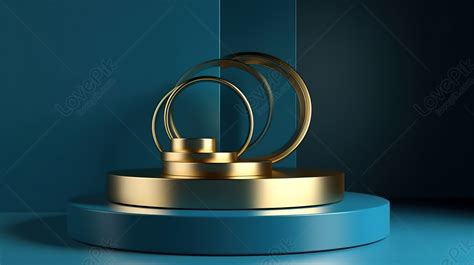 추상적인 파란색 배경과 금색 연단의 3d 렌더링 이미지를 사용하여 멋진 제품 디스플레이 및 광고 배경을 만듭니다 블루 골드 배경 연단 배경 제품 디스플레이 배경
