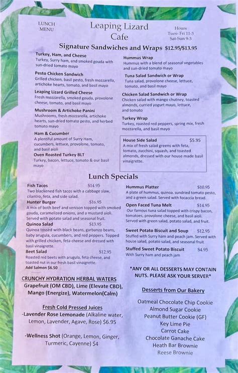 Menu At Leaping Lizard Cafe Virginia Beach Shore Dr