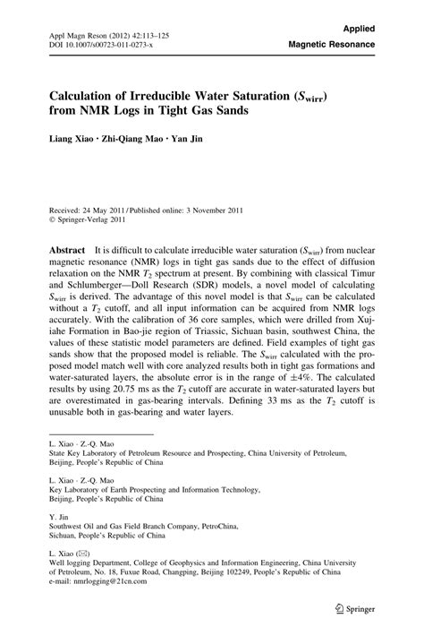 Pdf Calculation Of Irreducible Water Saturation S Wirr From Nmr Logs In Tight Gas Sands
