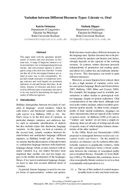 Pdf Variation Between Different Discourse Types Literate Vs Oral