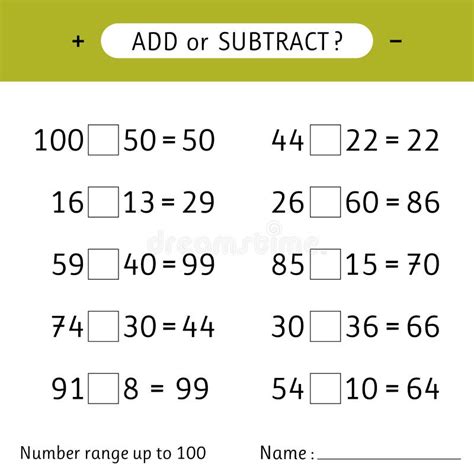 Add Or Subtract Number Range Up To 100 Mathematical Exercises Addition And Subtraction Stock