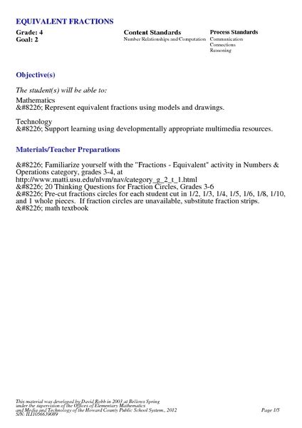 Equivalent Fractions Lesson Plan For 5th 6th Grade Lesson Planet