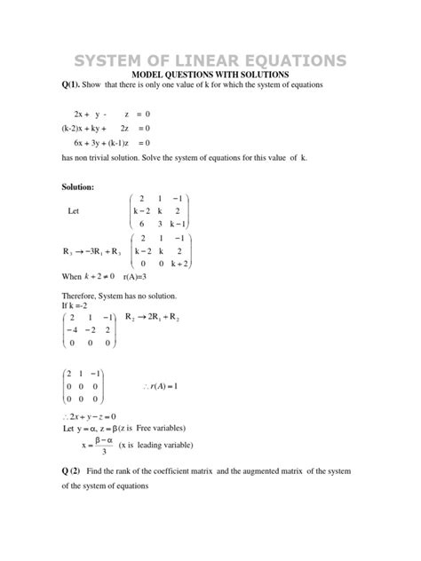 Model Questions Systerm Linear Equatios Pdf