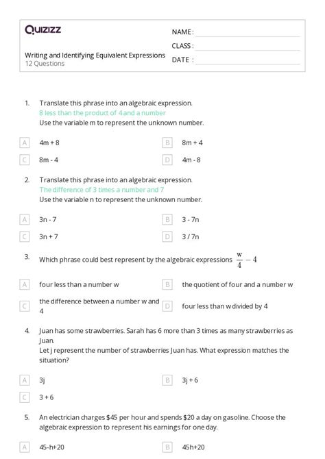 50 equivalent expressions worksheets for kindergarten on quizizz free and printable