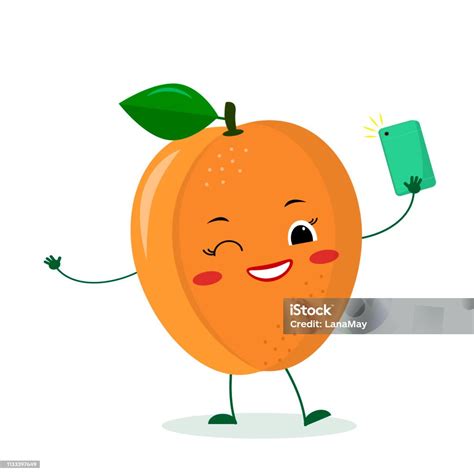 귀여운 잘 익은 살구 만화 캐릭터와 스마트 폰과 셀 카를 않습니다 로고 템플릿 디자인입니다 벡터 일러스트 레이 션 플랫 스타일