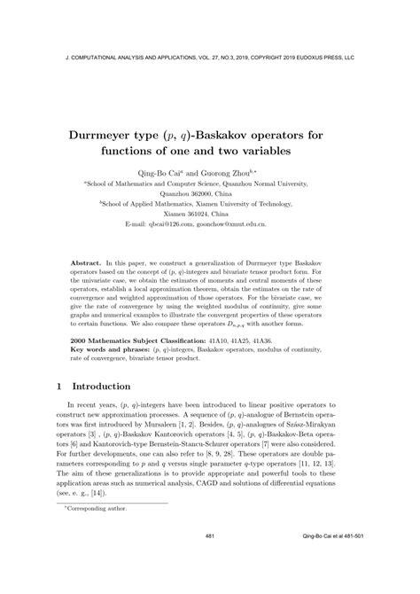 Pdf Durrmeyer Type P Q Baskakov Operators For Functions Of One And Two Variables