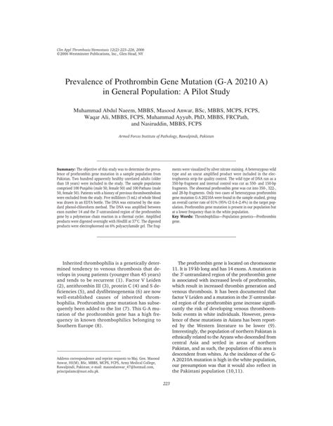Pdf 26 Prevalence Of Prothrombin Gene Mutation G A 20210 A
