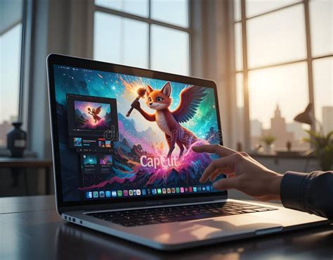 Person Using Laptop Showing Digital Fox Character And Editing Interface Stock Image Image Of