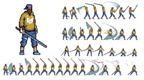 애니메이션 및 게임 아세프라이트 스프라이트 시트에 사용할 준비가 된 나무 공격 픽셀 아트 캐릭터를 들고 있는 남자 프리미엄 벡터