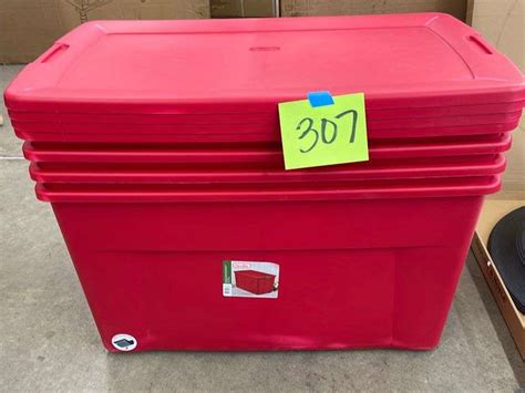 4 Sterilite 45 Gal Red Rolling Totes W Lids Earls Auction Company
