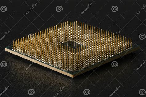 Low Angle View Of Cpu Processor Chip Pin Side Up Isolated On Black