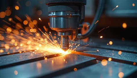 Cnc Milling Machine Cuts Metal Surface With Precision Sparks Fly As Tool Engages Material