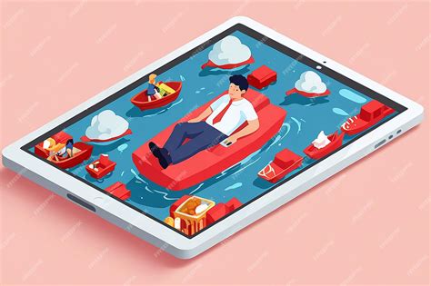 Flat 3d Isometric Businessman Floating On Red Ocean Market Inside Digital Tablet Premium Ai