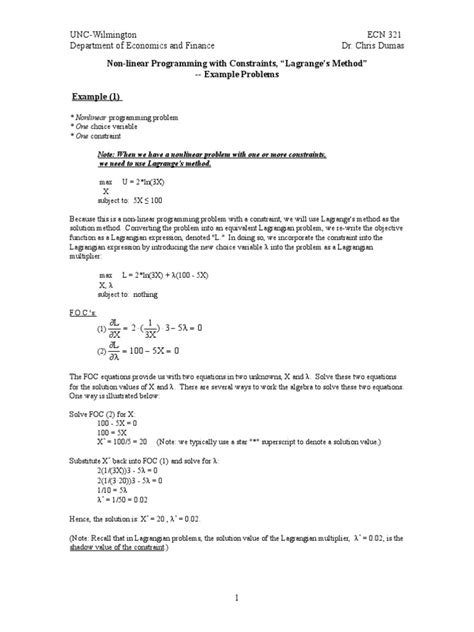 Non Linear Programming With Constraints Lagranges Method Example Problems Example Pdf