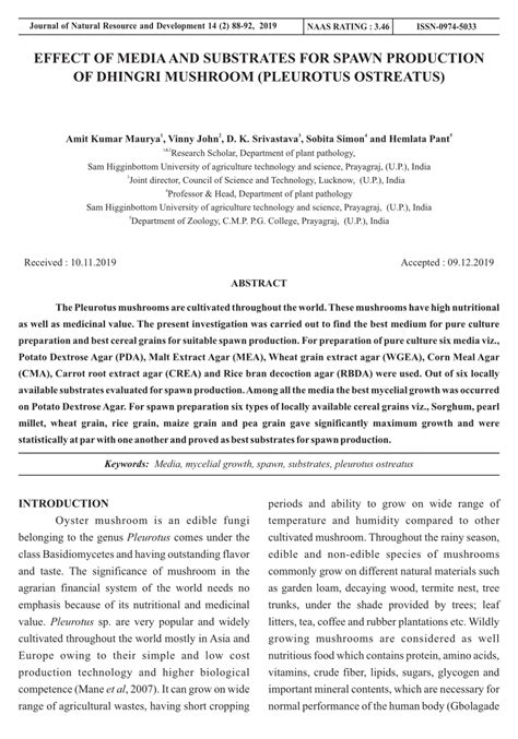 Pdf Effect Of Media And Substrates For Spawn Production Of Dhingri
