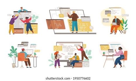 Programmer Engineering Coding Set Programmers Working เวกเตอรสตอก