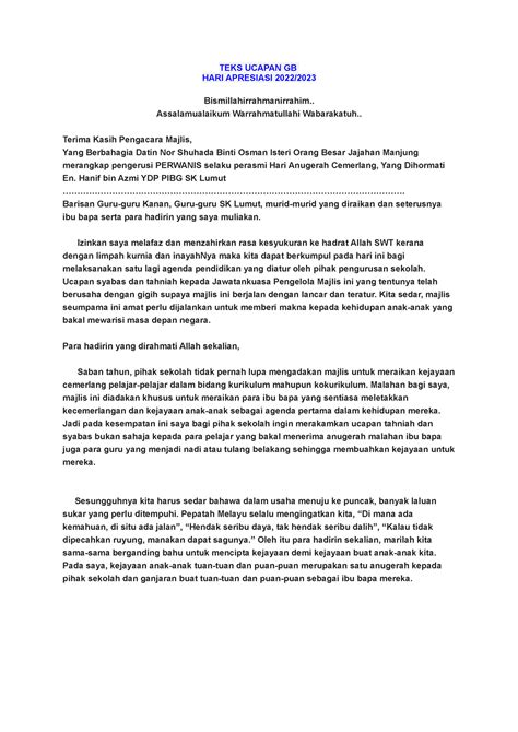 TEKS Ucapan GB TEKS UCAPAN GB HARI APRESIASI Bismillahirrahmanirrahim Assalamualaikum