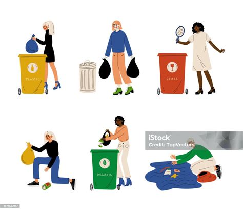 쓰레기를 모아 쓰레기통에 버리는 사람들 남성과 여성 캐릭터는 자연 만화 벡터 일러스트레이션을 걱정한다 벡터에 대한 스톡 벡터 아트 및 기타 이미지 Istock