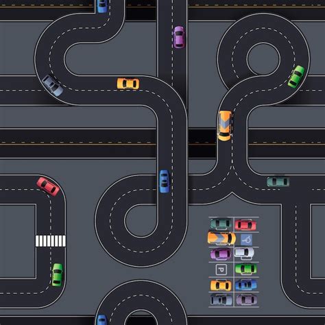 고속도로 패턴 교차로 회전 교차로 및 교차로가 있는 도시 도로의 원활한 인쇄 도로 벡터 텍스처의 만화 공중 보기 프리미엄 벡터