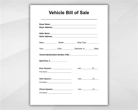 Printable Vehicle Bill Of Sale Motor Vehicle Sale Contract Auto Bill