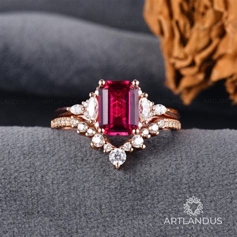 Emerald Cut Lab Ruby Engagement Ring Set Rose Gold Ruby Bridal Set