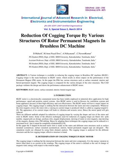 Pdf Reduction Of Cogging Torque By Various Structures Of Rotor Permanent Magnets In Brushless