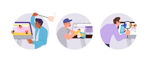 Premium Vector Quality Assurance Programmer Cartoon Character At Work Isolated Set Of Round