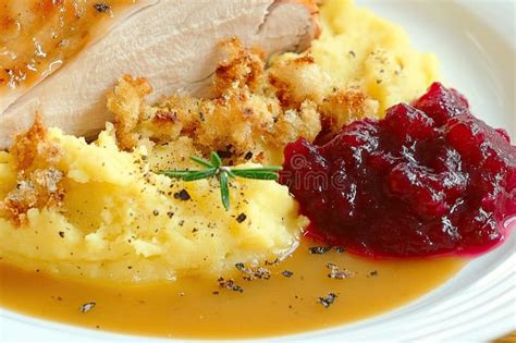 Classic Thanksgiving Dinner Featuring Roasted Turkey Creamy Mashed