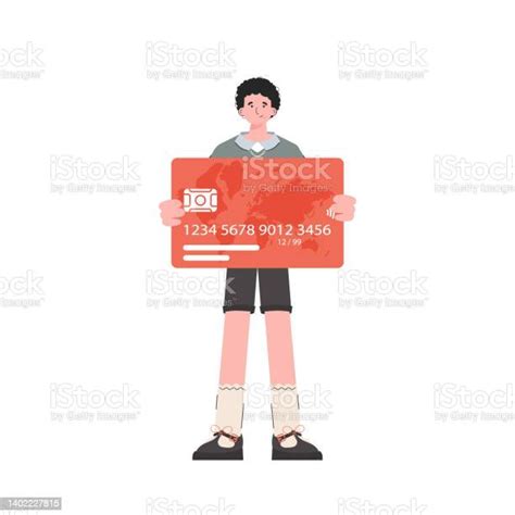 한 남자가 신용 카드를 손에 들고 완전히 성장해 있습니다 격리 플랫 스타일 프리젠 테이션 사이트를위한 요소 가득 찬에 대한 스톡