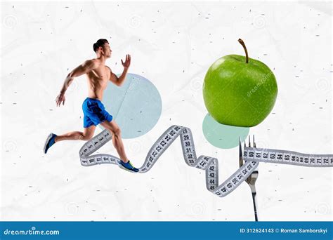 Creative Collage Image Running Young Fit Sportsman Naked Torso Measure Body Shape Athlete Fruit