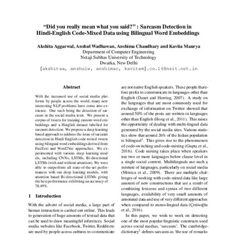 “did You Really Mean What You Said” Sarcasm Detection In Hindi English Code Mixed Data Using