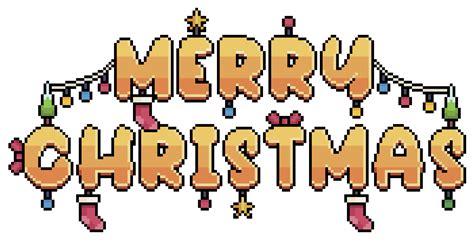 Pixel Art Golden Merry Christmas Text Decorated With Christmas Items Vector Icon For 8bit Game