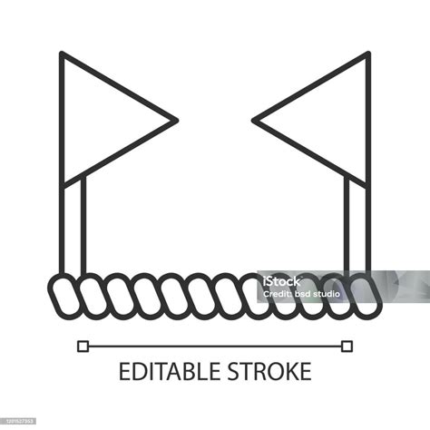 크리켓 경계 선형 아이콘입니다 밧줄로 연결된 두 개의 깃발 경기장의 테두리 박쥐와 공 팀 게임 가는 선 그림입니다 등고선 기호입니다 벡터 절연 윤곽선 도면 편집 가능한