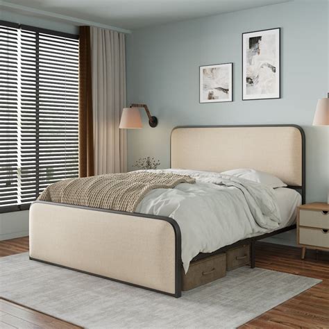 Gold Modern Metal Bed Frame With Curved Upholstered Headboard