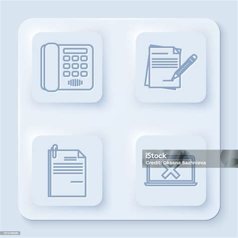 지우개 파일 문서 및 종이 클립 노트북및 화면에 크로스 마크라인 전화 빈 노트북 및 연필을 설정합니다 흰색 정사각형 버튼 벡터 개념에 대한 스톡 벡터 아트 및 기타 이미지