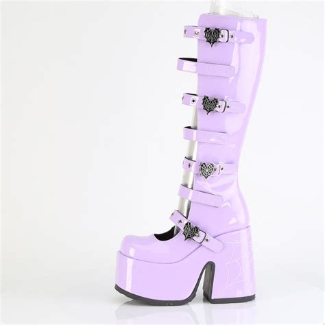 Demonia Camel 223 Lavender Spider Web Detailed Knee High Platform Boot Otherworld Shoes