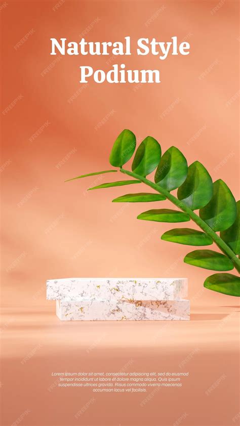 Подиум из белого мрамора в портрете оранжевая стена и зеленое растение замия 3d рендеринг шаблон