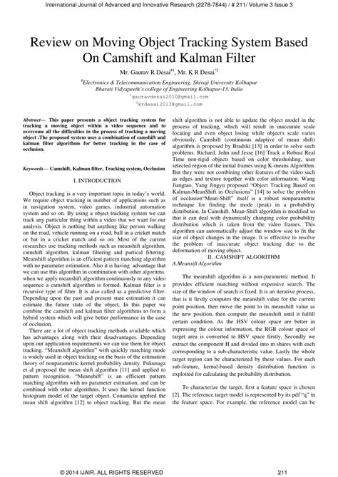 Pdf Review On Moving Objects Tracking System Based On Camshaft And Kalman Filter