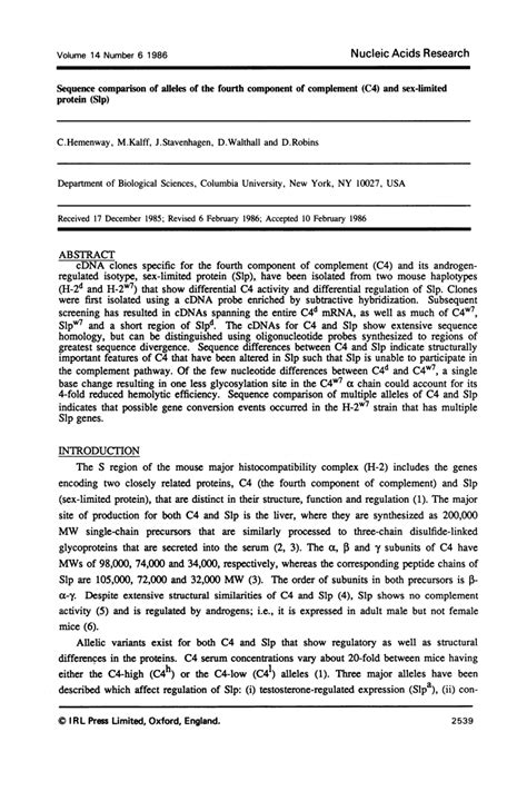 PDF Sequence Comparison Of Alleles Of The Fourth Component Of Complement C4 And Sex Limited