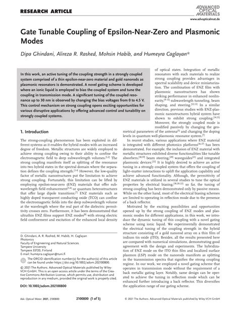 Pdf Gate Tunable Coupling Of Epsilon‐near‐zero And Plasmonic Modes