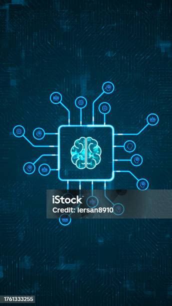 Ai 챗봇 및 기계 학습 기술을 사용한 추상적인 배경에 Ai 아이콘 및 데이터 전송이 있는 파란색 디지털 두뇌 로고 및 Hud