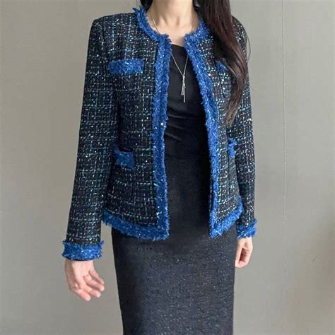 엘린무드 오픈런 배색 펄 트위드 도톰 고퀄 가을 하프 블루 자켓2color