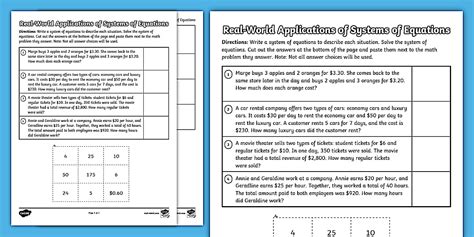 Eighth Grade Real World Applications Of Systems Of Equations Cut And Paste