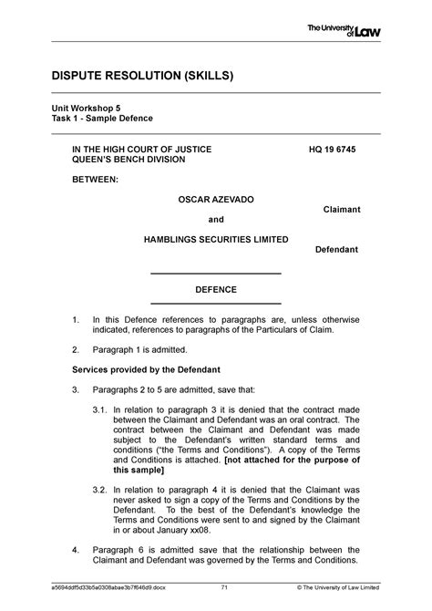 2122 Dis Ws05 Ce02 Task01 Exemplar DISPUTE RESOLUTION SKILLS Unit Workshop 5 Task 1 Sample