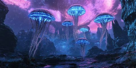 Stunning Scifi Landscape Glowing Mushroom City Under A Purple Sky Stock