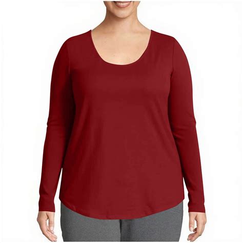 Qulqfy Plus Size Shirts Women Long Sleeve Scoop Neck Plain Shirts Red