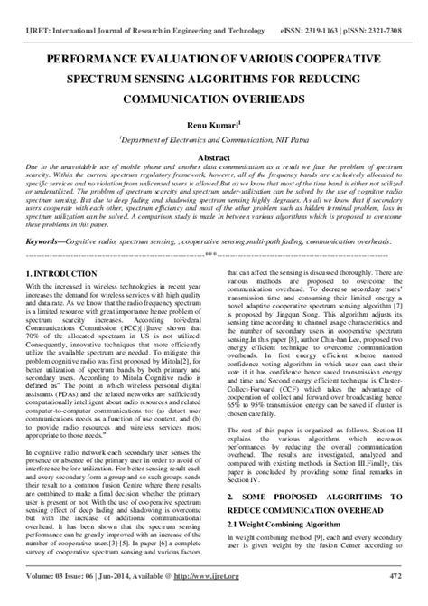 Pdf Performance Evaluation Of Various Cooperative Spectrum Sensing Algorithms For Reducing
