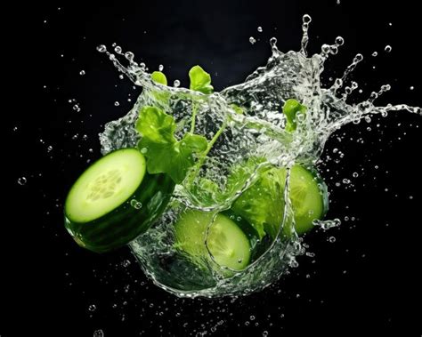 Premium Ai Image Fresh Cucumber Floating With Water Splashes On