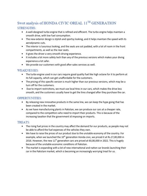 Swot Analysis Of Honda Civic Oreal 11th Generation Pdf